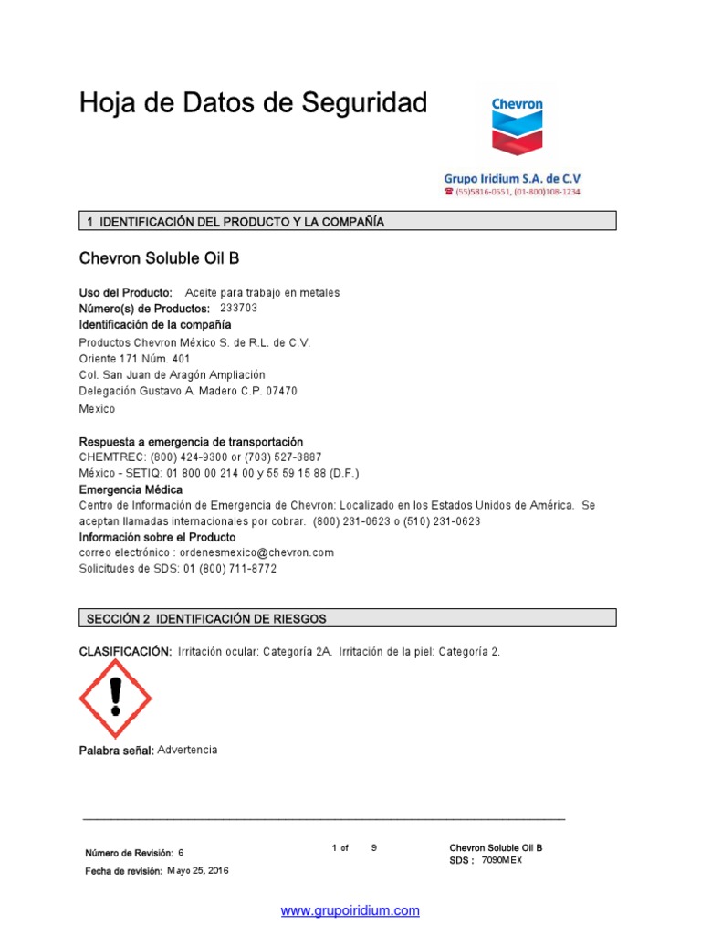 01 Chevron-Soluble-Oil-B-Sds | PDF | Dióxido de carbono | Combustión