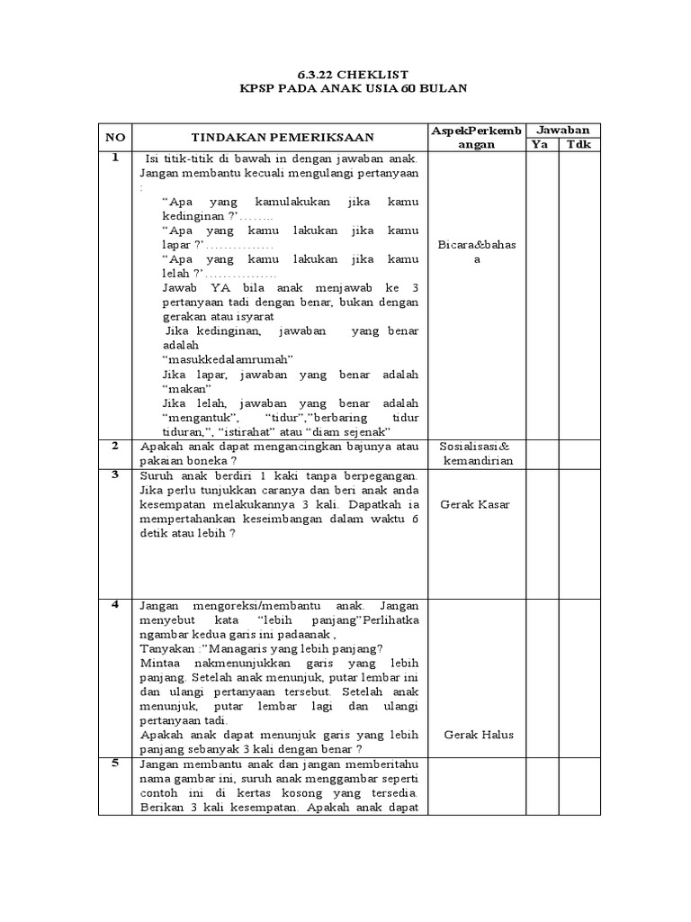 14.KPSP Anak Usia 60 Bulan | PDF