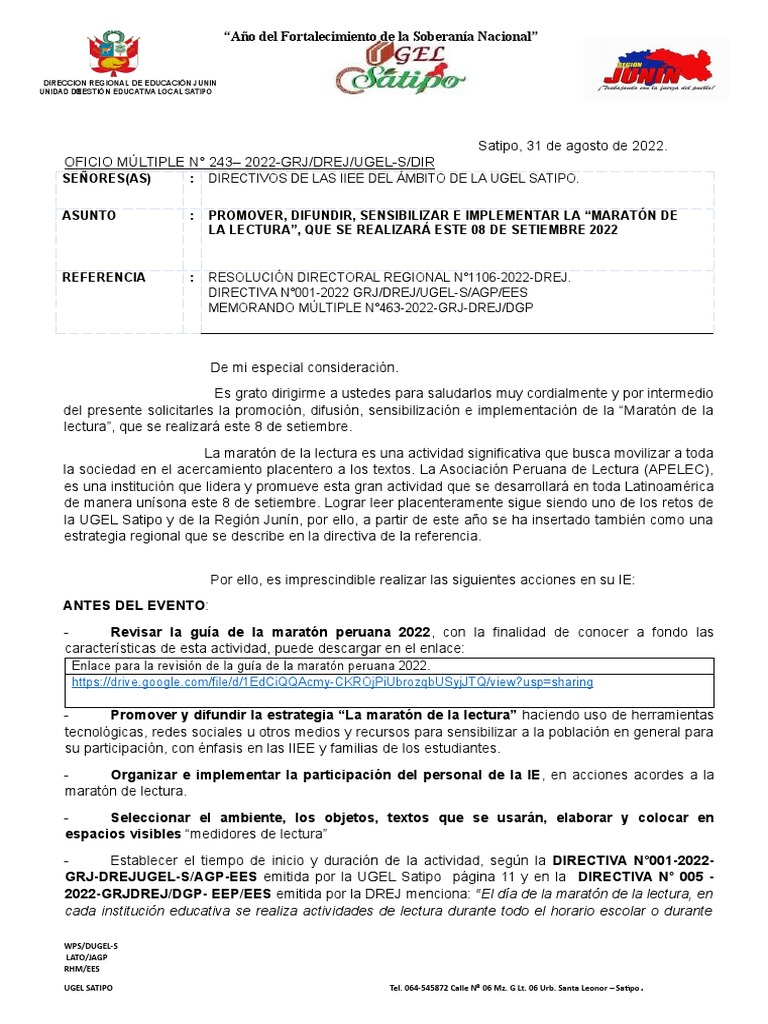 Oficio Mult N 243 - 2022-DUGEL-S-JAGP-MARATON DE LA LECTURA | PDF