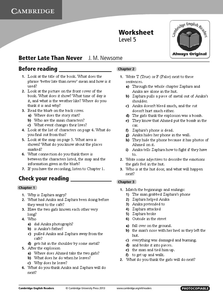Cambridge English Readers Level 5 Better Late Than Never Worksheet | PDF