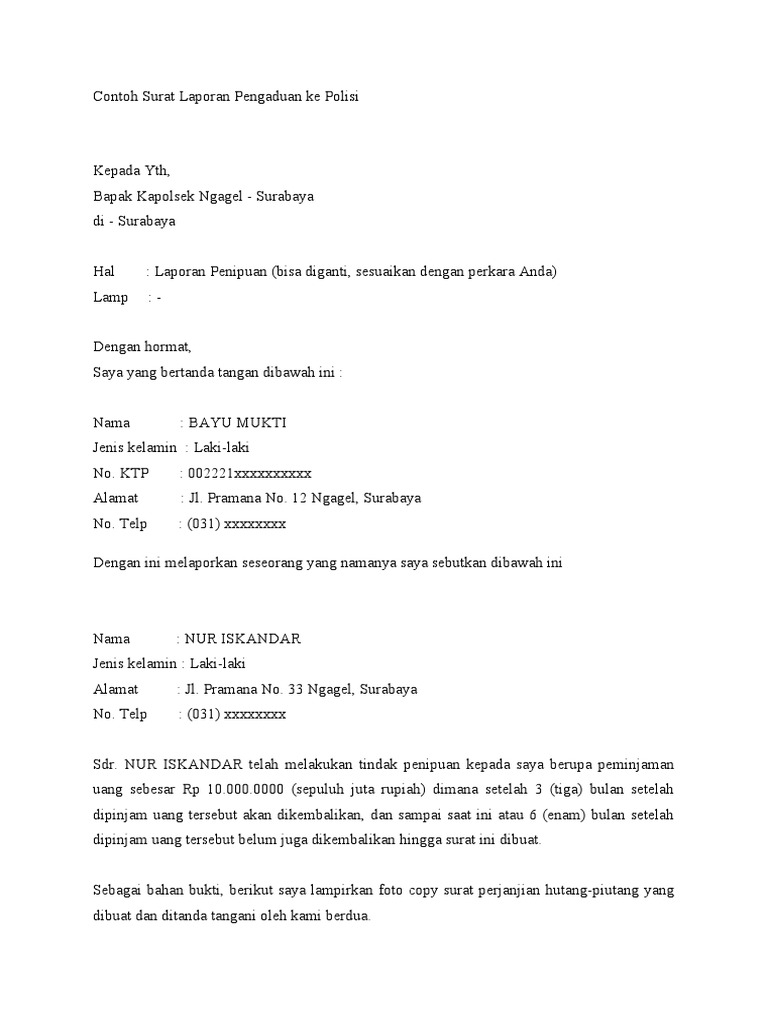 Contoh Surat Laporan Pengaduan Ke Polisi | PDF