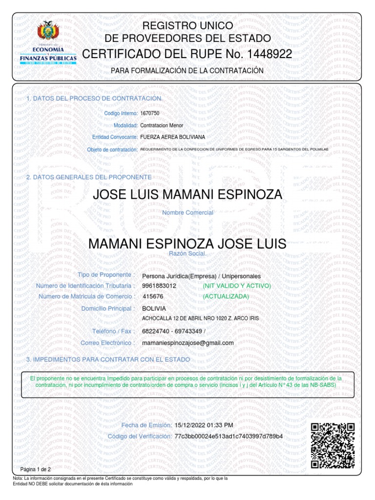 Certificado Rupe 2854050 | PDF