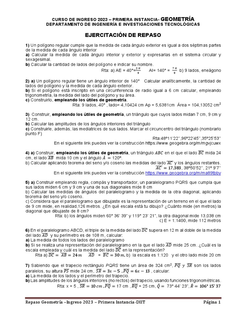 TP REPASO GEOMETRIA Primera Instancia 2023 FINAL | PDF | Triángulo | Trigonometría
