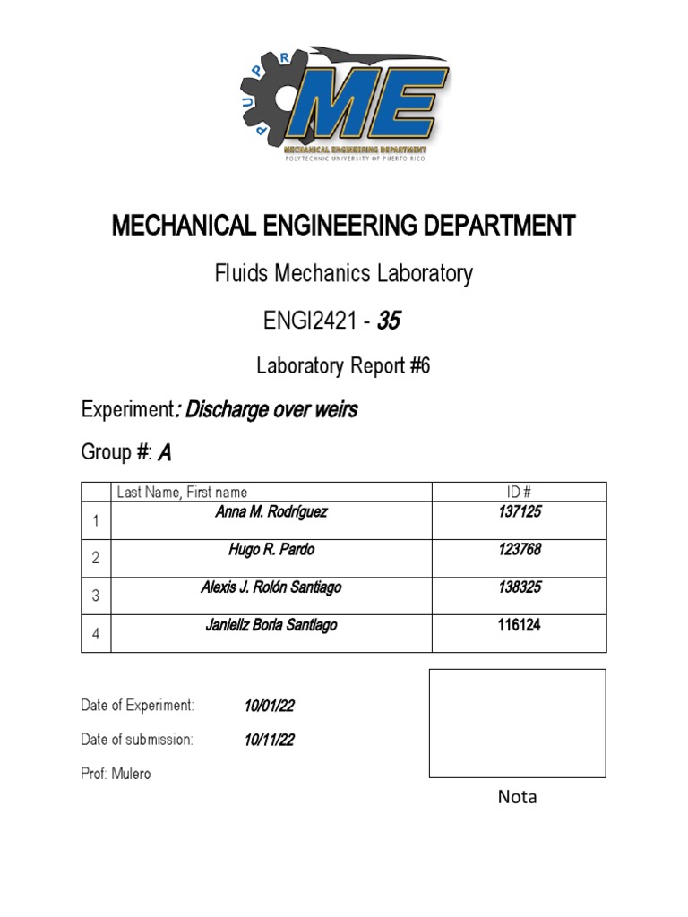 Lab #6 Discharge Over Weirs | PDF | Dam | Discharge (Hydrology)