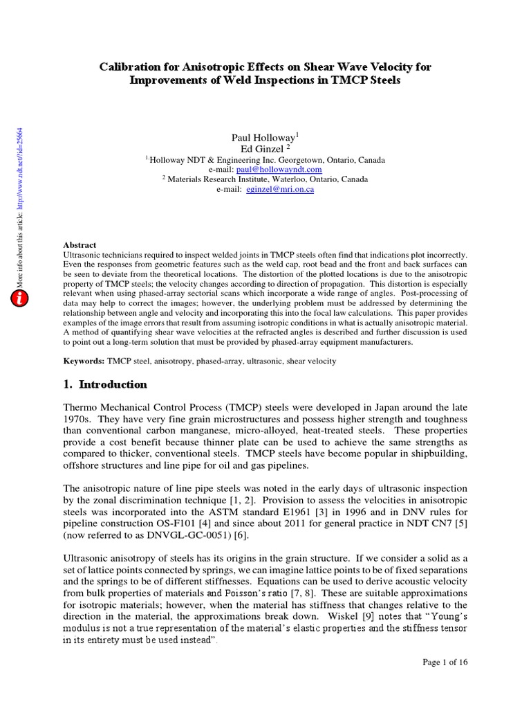 Calibration For Anisotropic Effects On Shear Wave Velocity For Improvements of Weld Inspections ...