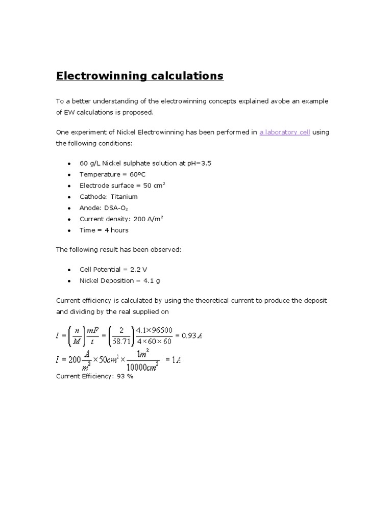 Nickel Electrowinning Calculations Guide | PDF