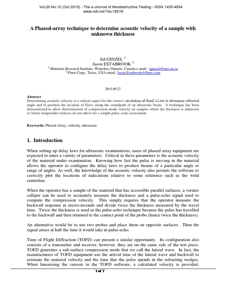 A Phased-Array Technique To Determine Acoustic Velocity of A Sample With GINZEL | PDF | Waves ...