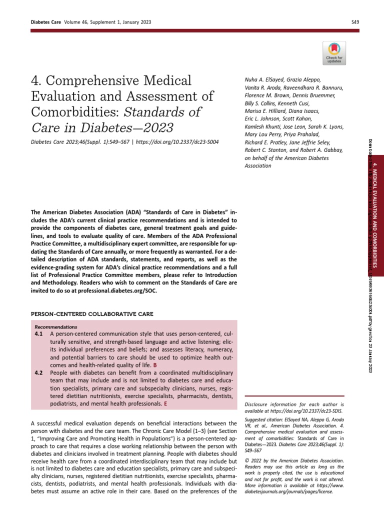 Standards of Care in Diabetes-2023: 4. Comprehensive Medical Evaluation ...