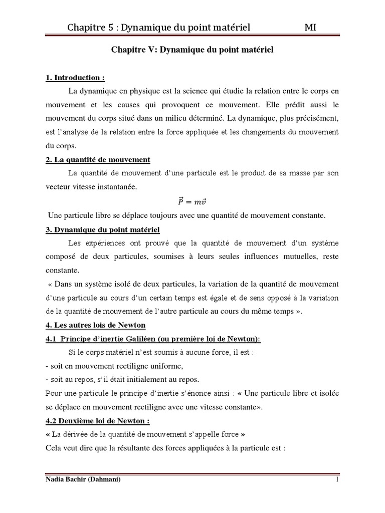 Dynamique du point matériel | PDF | Obliger | Lois du mouvement de Newton