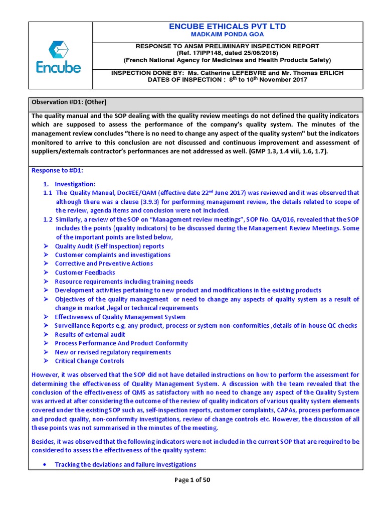 ANSM - Compliance To Preliminary Inspection Report With Annexure | PDF | Risk | Quality ...