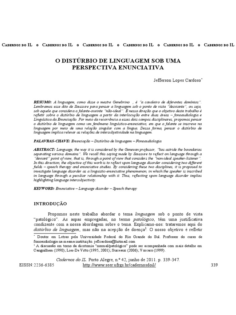 Distúrbio de Linguagem e Enunciação | PDF | Discurso | Linguística