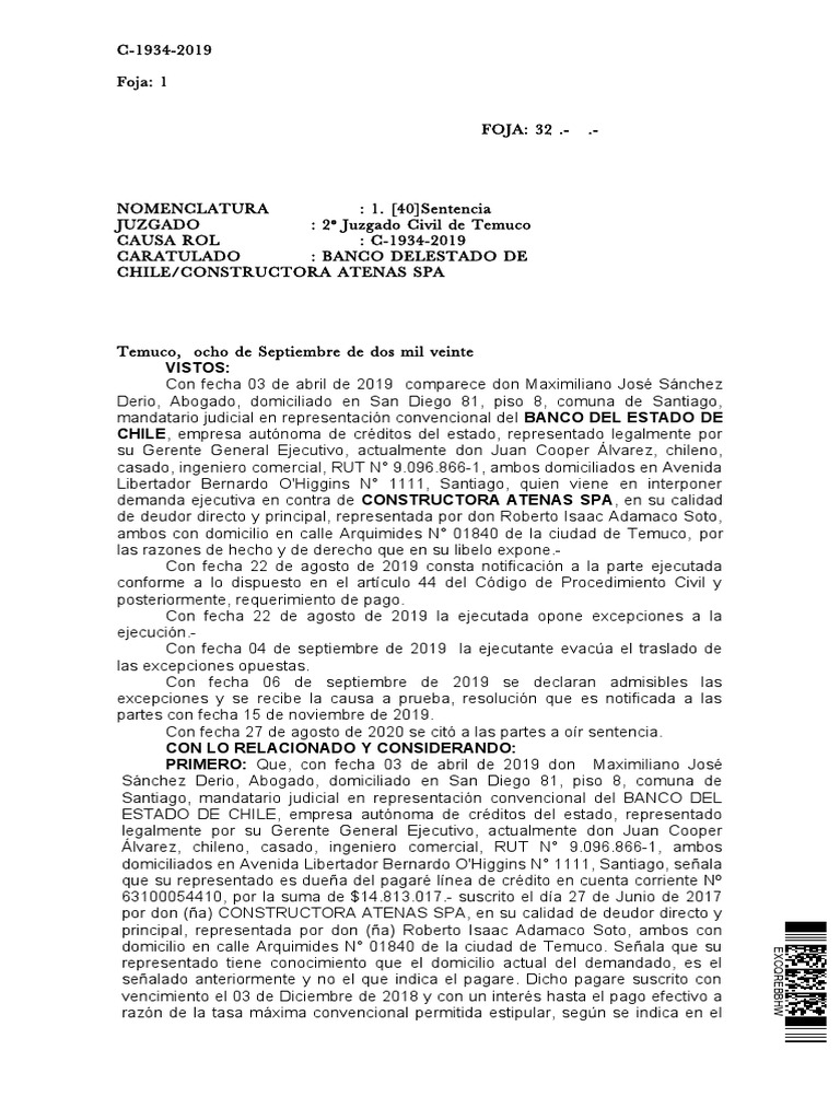 Sentencia Rol C-1934-2019, 2° JC Temuco | PDF | Bancos | Pagaré