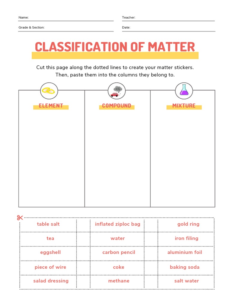 Classification of Matter Activity Printable Worksheet | PDF | Home & Garden