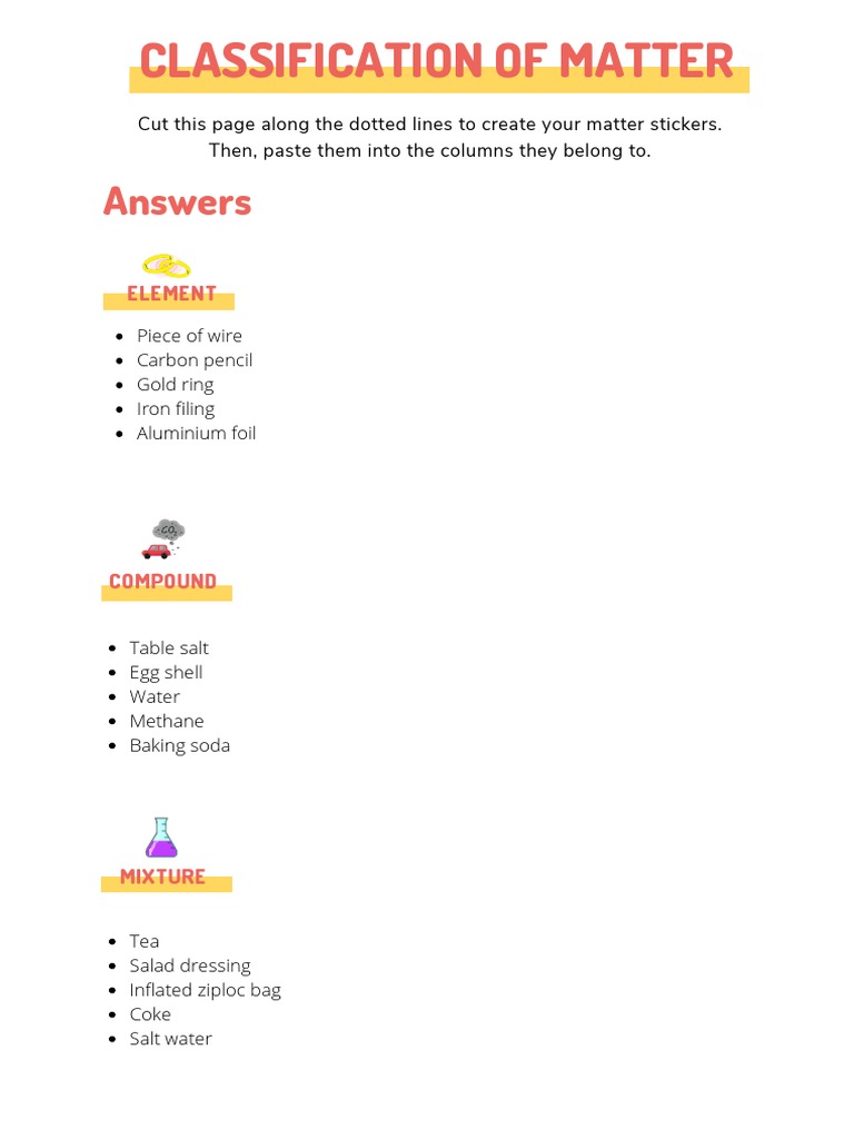 Classification of Matter Activity Printable Worksheet Answers | PDF