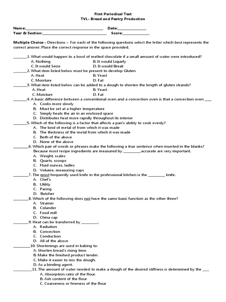 First Periodical Test 11 2019-2020 | PDF | Breads | Dough