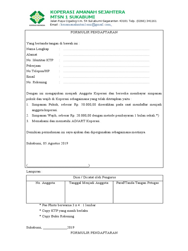 Formulir Pendaftaran Koperasi Hes | PDF