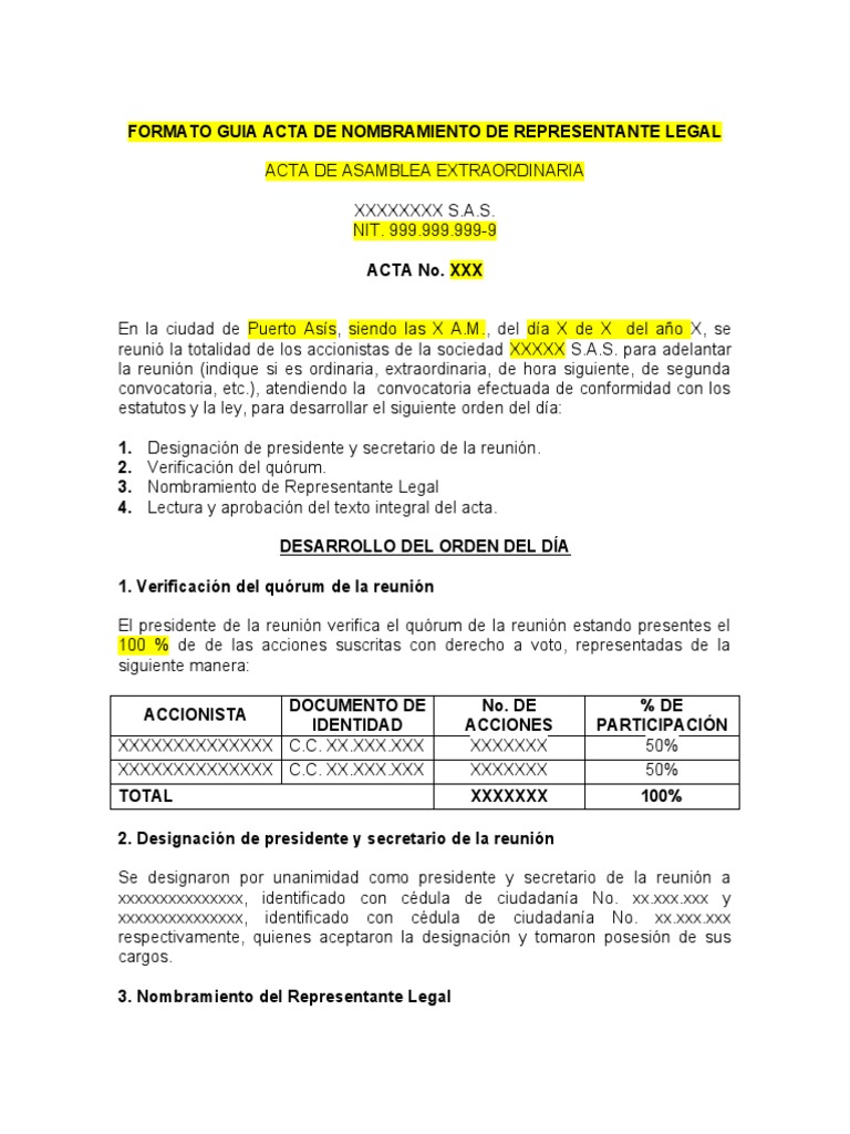Modelo de Acta Nombramiento Representante Legal Sociedad Por Parte ...
