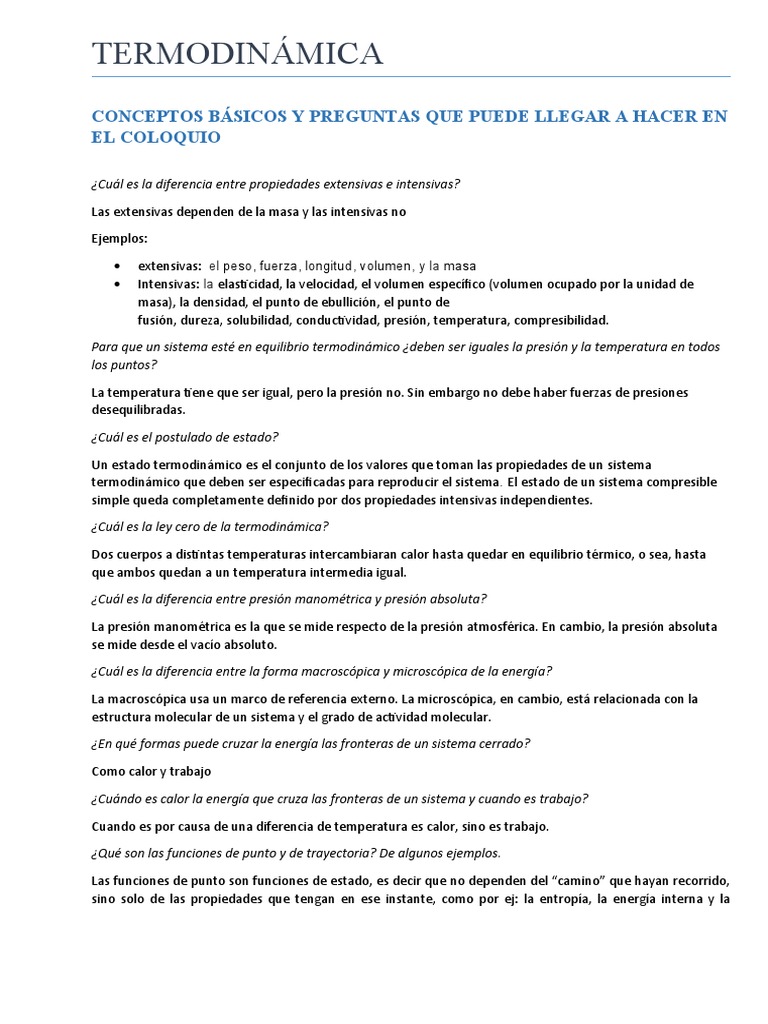 Preguntas de Termodinamica | PDF | Calor | Termodinámica