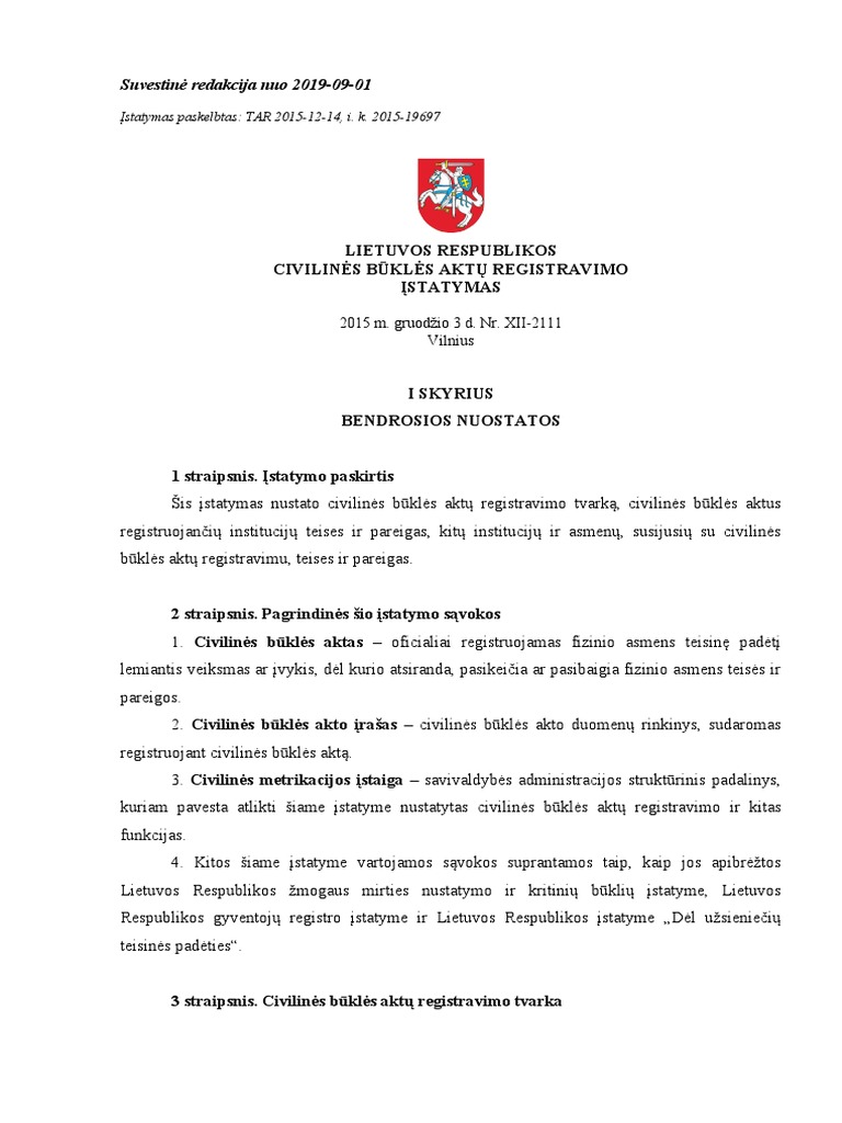 Civilinės Būklės Aktų Registravimo Įstatymas | PDF