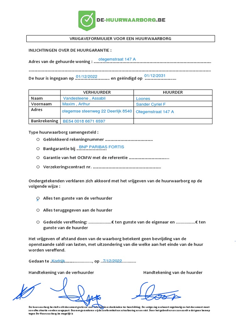 NL VRIJGAVEFORMULIER VOOR HUURWAARBORGe | PDF