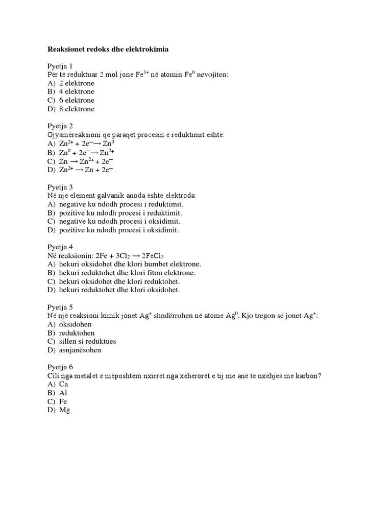 Reaksionet Redoks Dhe Elektrokimia | PDF