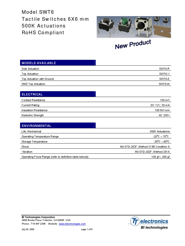 Model Swt6 Tactile Switches 6X6 MM 500K Actuations Rohs Compliant | PDF