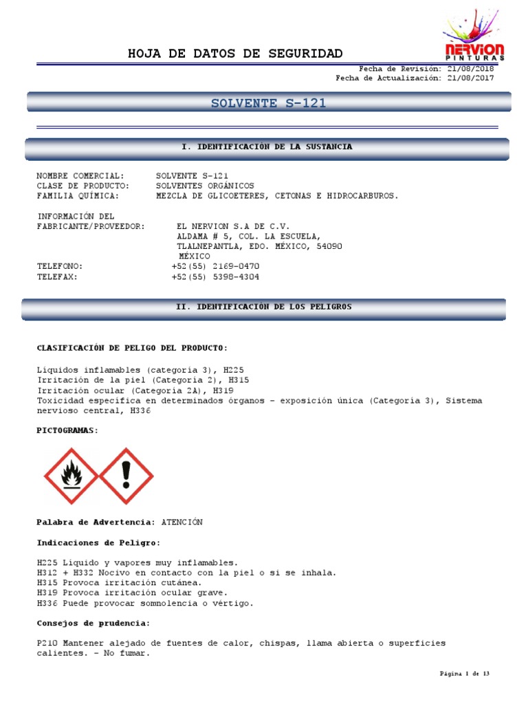 Hoja de Datos de Seguridad: Solvente S-121 | PDF | Química