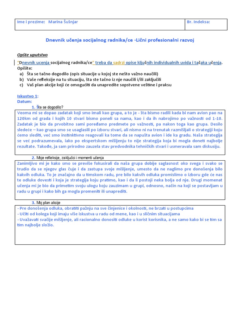 VEZBA Dnevnik Ucenja Socijalnog Radnika - Marina Šušnjar 30.10.2022. | PDF