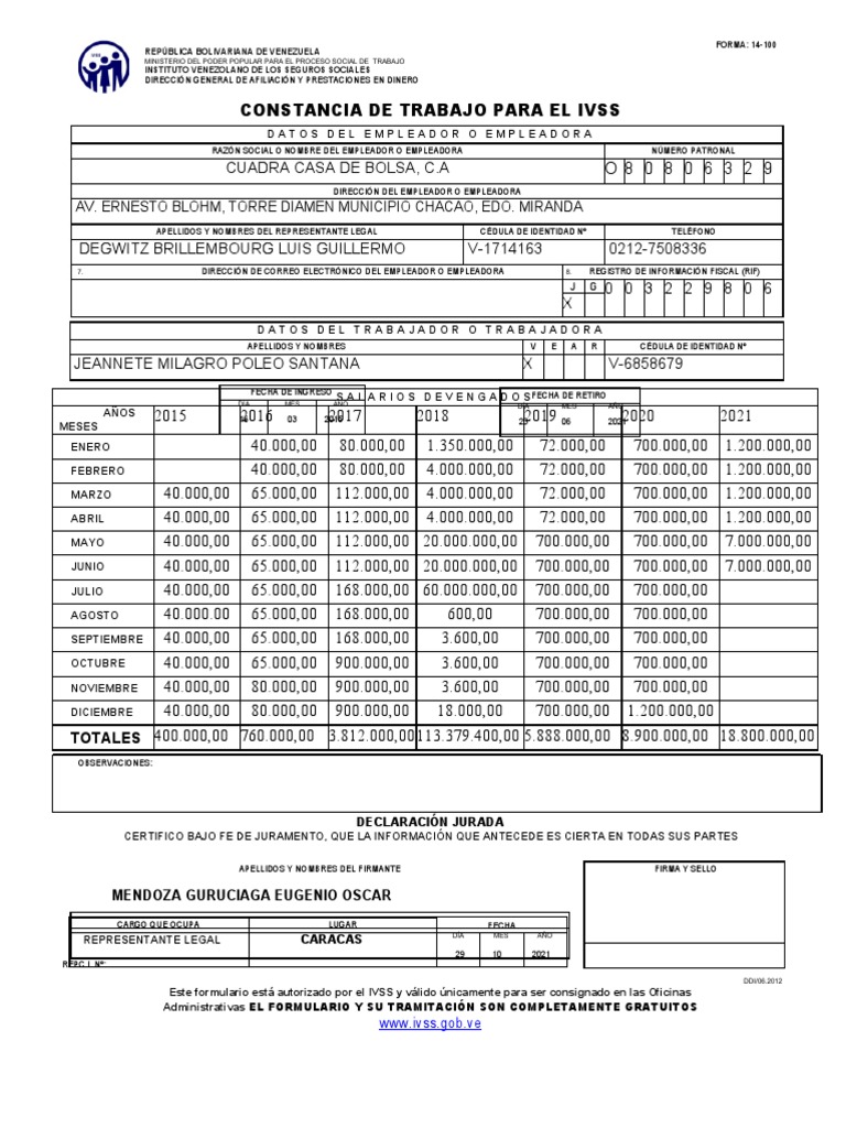 Planilla IVSS 14-100: Instrucciones y Datos | PDF