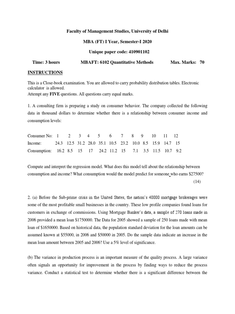 MBA Quantitative Methods Exam | PDF | Statistical Significance | Variance