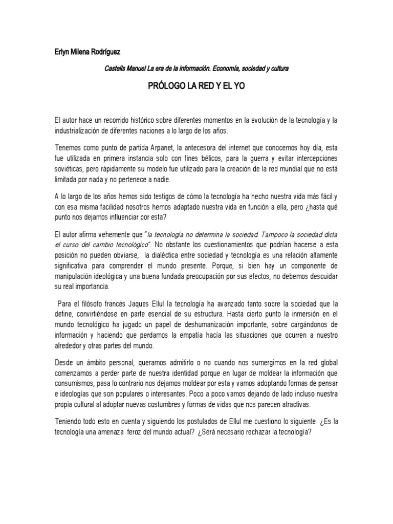 Análisis PRÓLOGO LA RED Y EL YO, Manuel Castell | PDF