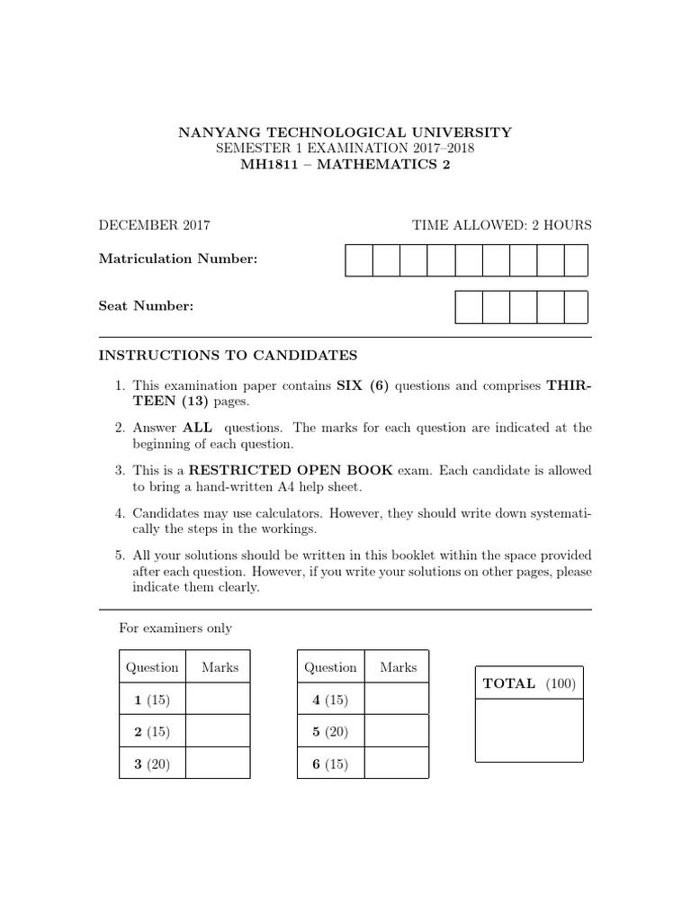 MH1811 Final Exam 17-18 Sem 1 | PDF | Mathematical Concepts | Mathematical Analysis
