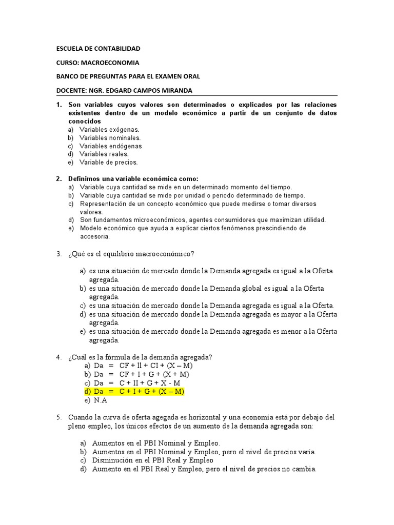 Banco de Preguntas Examen Oral | Descargar gratis PDF | La demanda ...