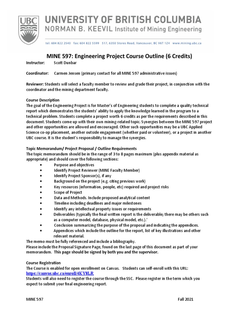 Course - Outline - Engineering - Project - MINE - 597 - Fall 2021 | PDF ...