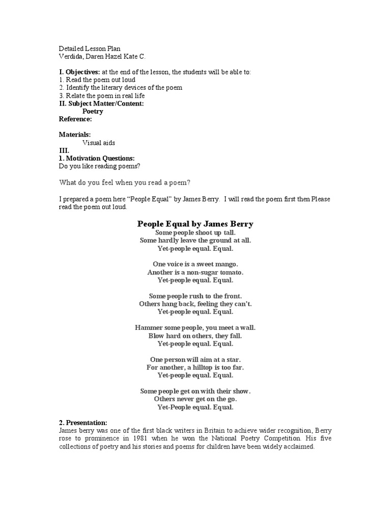 Detailed Lesson Plan (POETRY) | PDF | Poetry