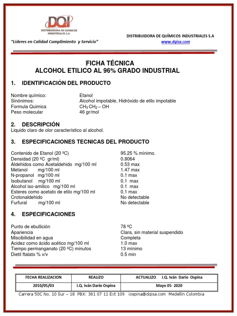 Especificaciones técnicas y aplicaciones del alcohol etílico al 96% ...