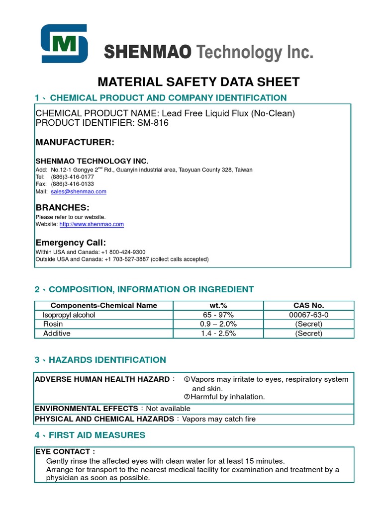 SM 816 (MSDS E07 21 01) Us | PDF | Firefighting | Dangerous Goods