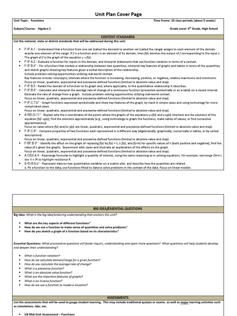 Sample Unit Plan | PDF | Function (Mathematics) | Quadratic Equation