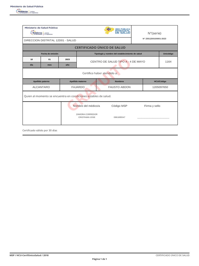 MSP - HCU CertfUnicoSalud 2018 | PDF