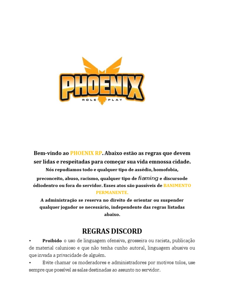 Regras e Diretrizes para Participação no Servidor PHOENIX RP | PDF ...