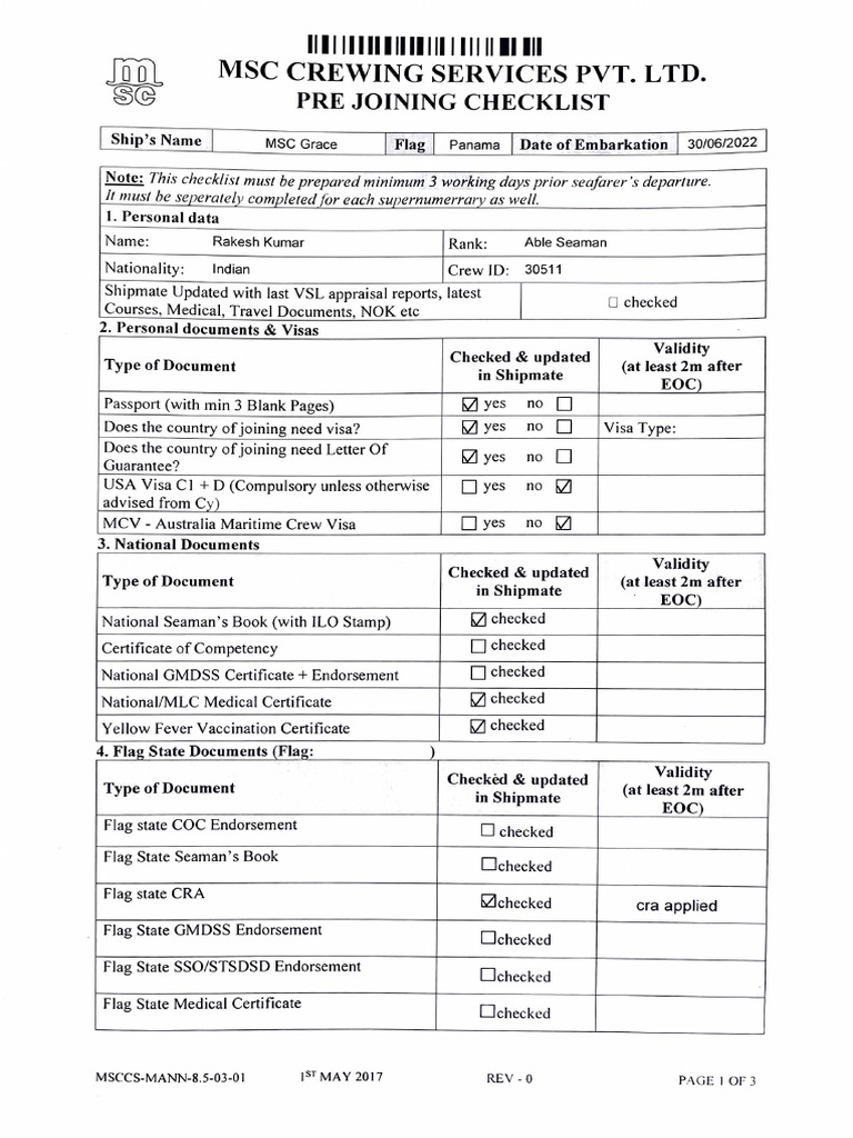 Pre-Joining Check List | PDF | Travel Visa | Shipping