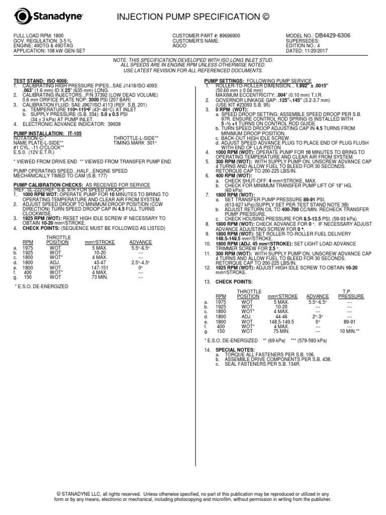 Injection Pump Specification © | Download Free PDF | Pump | Engines