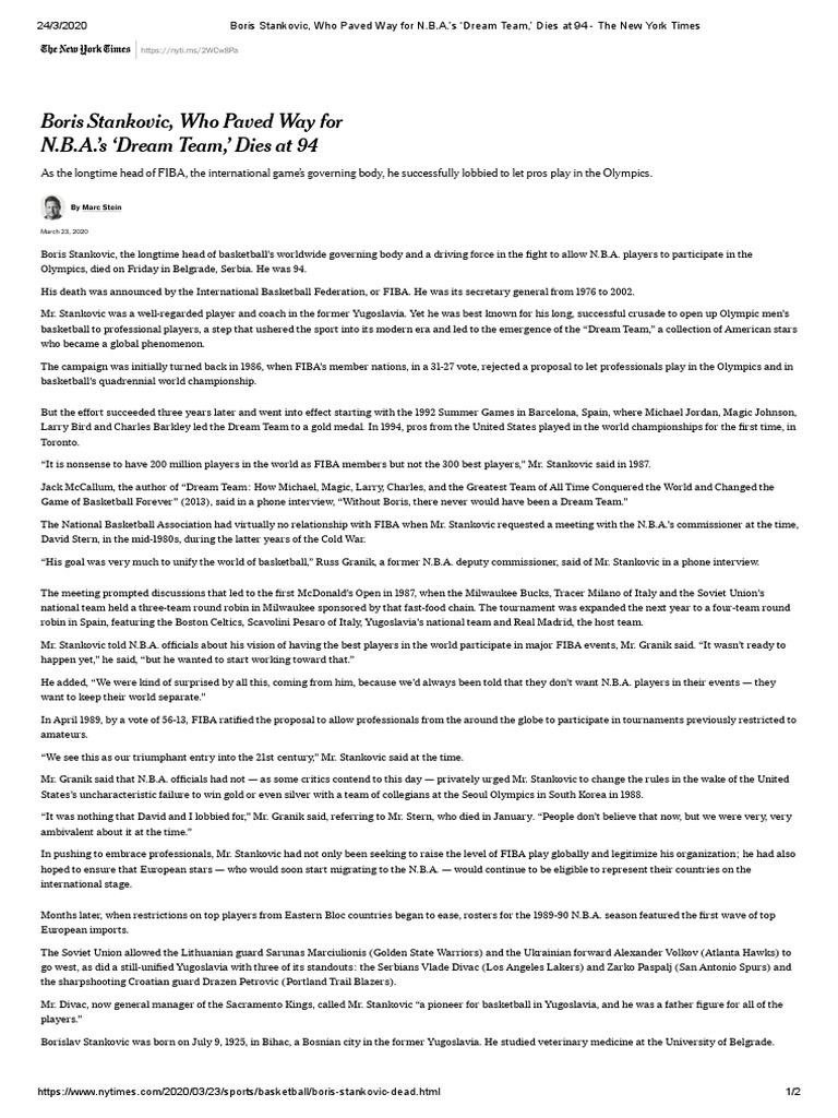 Boris Stankovic, Who Paved Way For N.B.A.'s Dream Team,' Dies at 94 ...