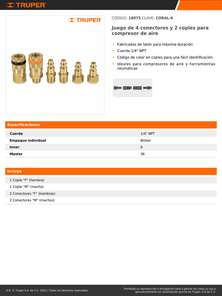 Juego de 4 Conectores y 2 Coples para Compresor de Aire | PDF