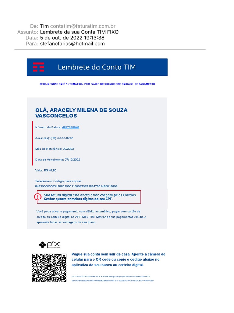 Lembrete Da Sua Conta TIM FIXO | PDF | Tecnologia da Informação ...