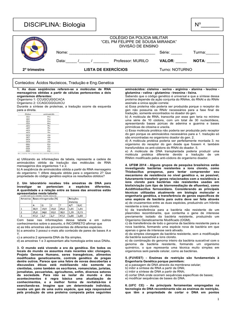 Lista de Exercicios Biotec | PDF | Genética | Transgênicos