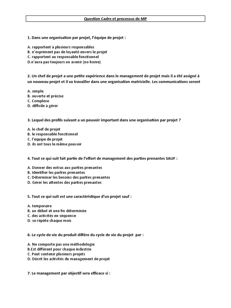Cadre et Processus de Management de Projet | PDF | Chef de projet ...