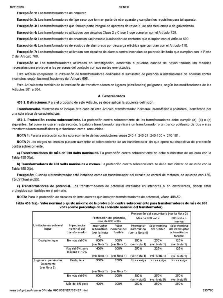 Tabla 450-3a | PDF | Transformador | Fusible (Eléctrico)