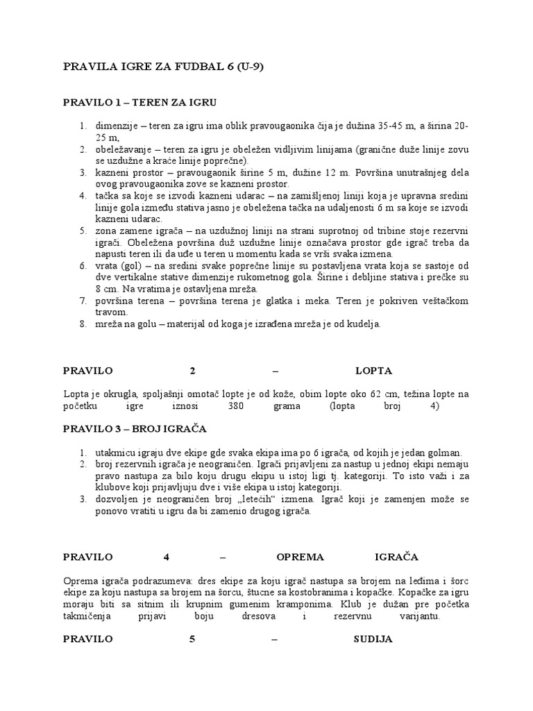 Pravila Igre Za Fudbal 6 | PDF
