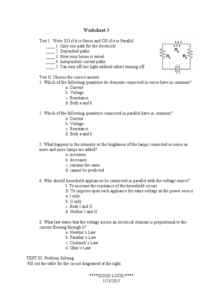 Worksheet 3 | PDF | Electrical Resistance And Conductance | Series And ...